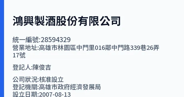 鴻興製酒股份有限公司的照片-統編 28594329(高雄市) 公司登記資料與營業項目詳細圖表