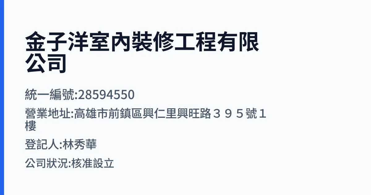 金子洋室內裝修工程有限公司 - 統編 28594550(高雄市) 公司登記資料與營業項目詳細圖表