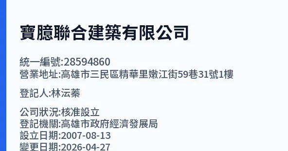 寶臆聯合建築有限公司的照片-統編 28594860(高雄市) 公司登記資料與營業項目詳細圖表