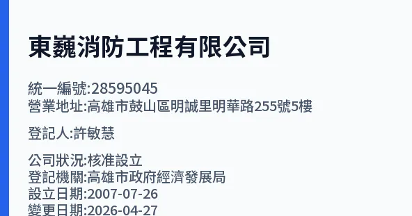 東巍消防工程有限公司的照片-統編 28595045(高雄市) 公司登記資料與營業項目詳細圖表