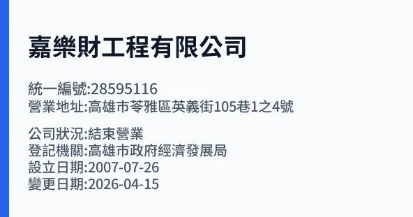 嘉樂財工程有限公司的照片-統編 28595116(高雄市) 公司登記資料與營業項目詳細圖表