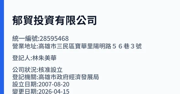 郁貿投資有限公司的照片-統編 28595468(高雄市) 公司登記資料與營業項目詳細圖表