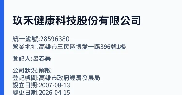 玖禾健康科技股份有限公司的照片-統編 28596380(高雄市) 公司登記資料與營業項目詳細圖表