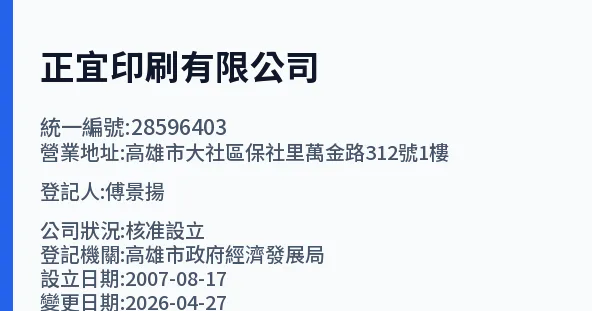 正宜印刷有限公司的照片-統編 28596403(高雄市) 公司登記資料與營業項目詳細圖表