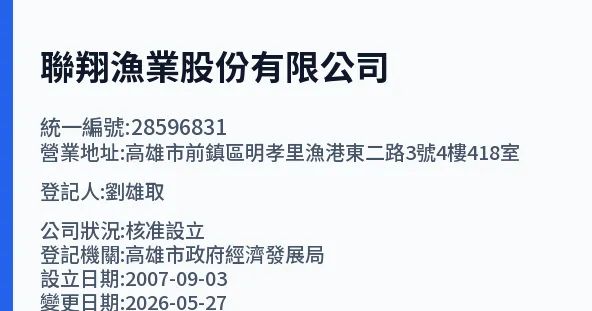 聯翔漁業股份有限公司的照片-統編 28596831(高雄市) 公司登記資料與營業項目詳細圖表