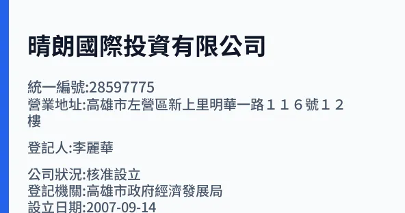 晴朗國際投資有限公司 - 統編 28597775(高雄市) 公司登記資料與營業項目詳細圖表