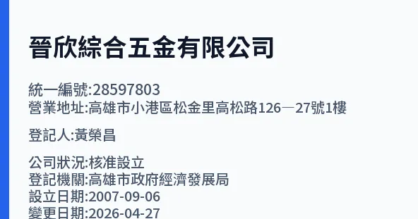 晉欣綜合五金有限公司的照片-統編 28597803(高雄市) 公司登記資料與營業項目詳細圖表
