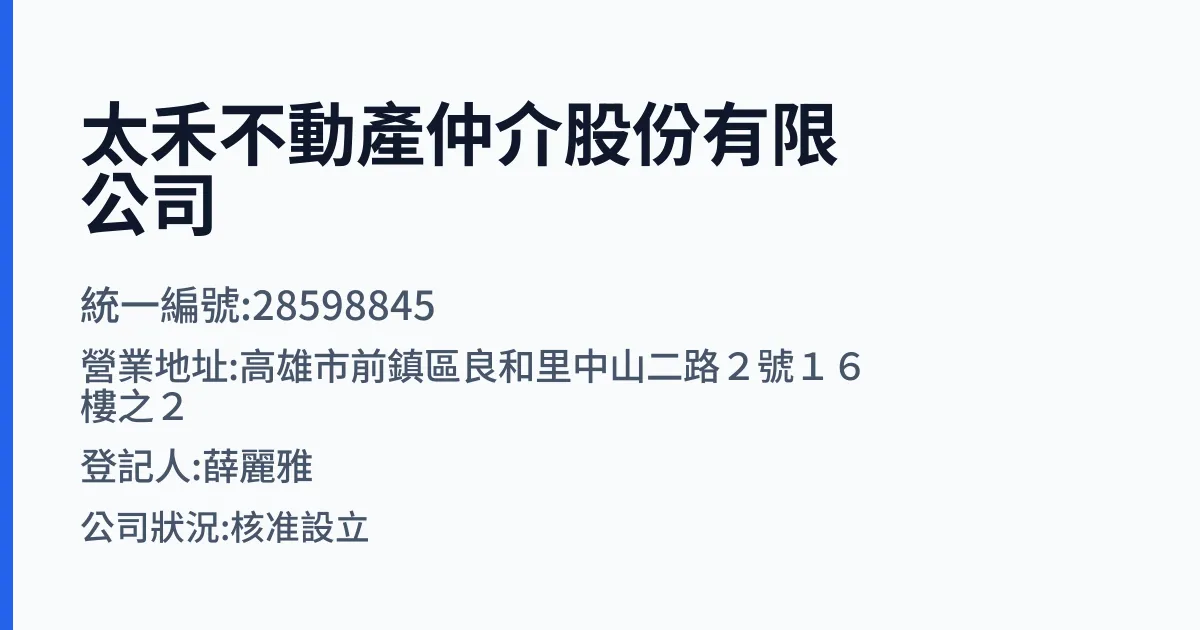 太禾不動產仲介股份有限公司 - 統編 28598845(高雄市) 公司登記資料與營業項目詳細圖表