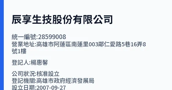 辰享生技股份有限公司的照片-統編 28599008(高雄市) 公司登記資料與營業項目詳細圖表