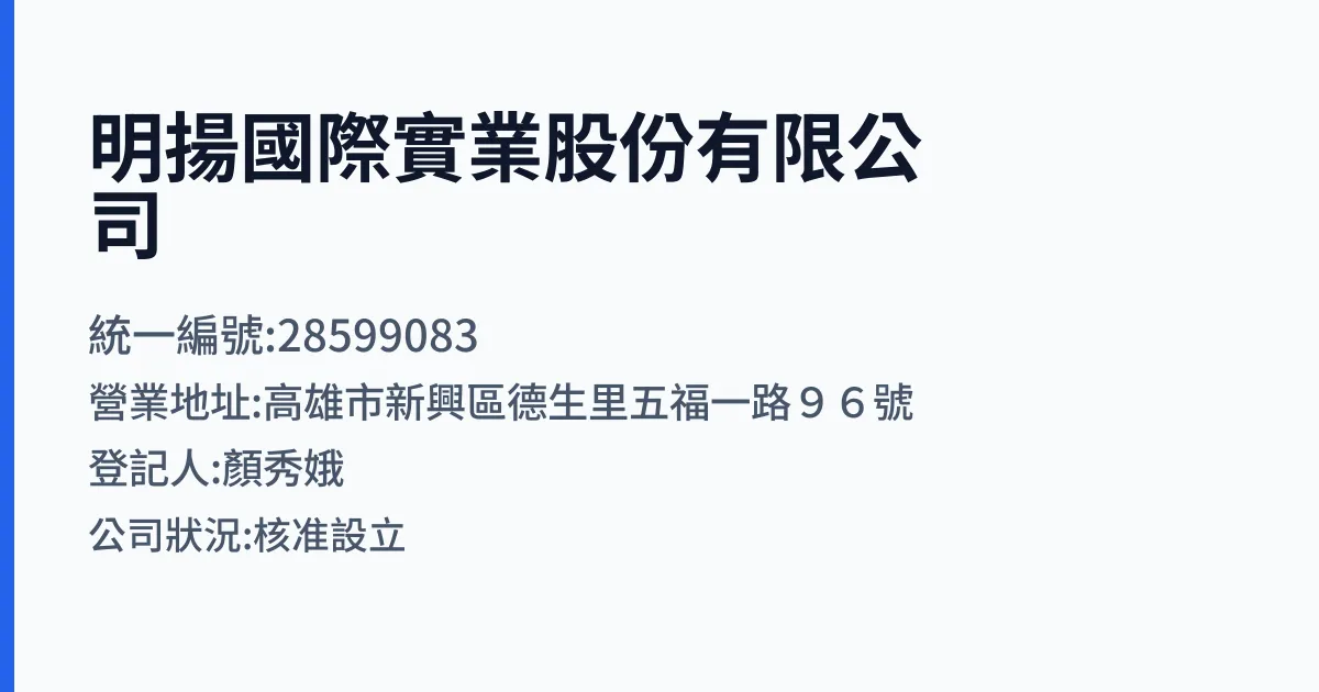 明揚國際實業股份有限公司 - 統編 28599083(高雄市) 公司登記資料與營業項目詳細圖表