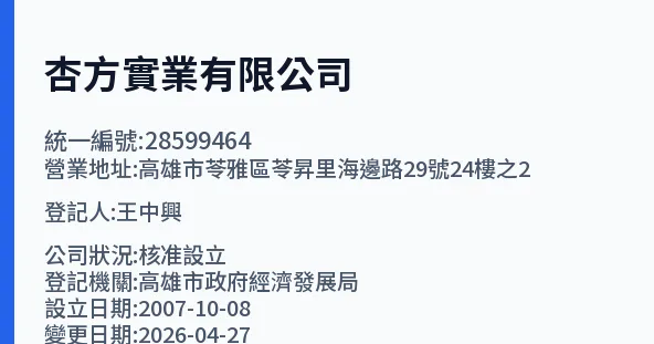 杏方實業有限公司的照片-統編 28599464(高雄市) 公司登記資料與營業項目詳細圖表