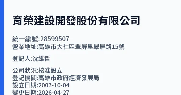 育榮建設開發股份有限公司的照片-統編 28599507(高雄市) 公司登記資料與營業項目詳細圖表