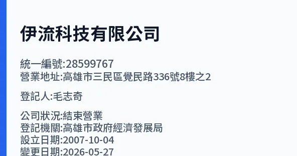 伊流科技有限公司的照片-統編 28599767(高雄市) 公司登記資料與營業項目詳細圖表