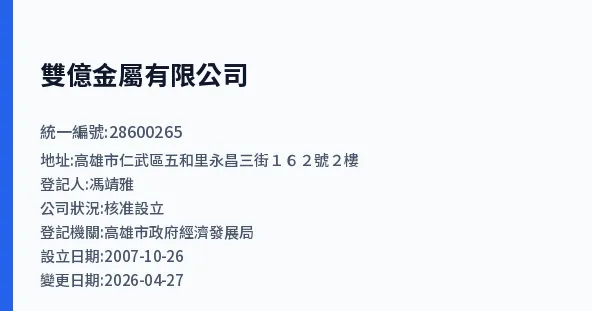 雙億金屬有限公司的照片-統編 28600265(高雄市) 公司登記資料與營業項目詳細圖表