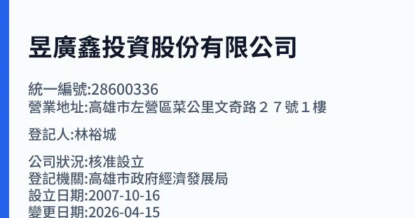 昱廣鑫投資股份有限公司的照片-統編 28600336(高雄市) 公司登記資料與營業項目詳細圖表