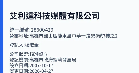 艾利達科技媒體有限公司的照片-統編 28600429(高雄市) 公司登記資料與營業項目詳細圖表