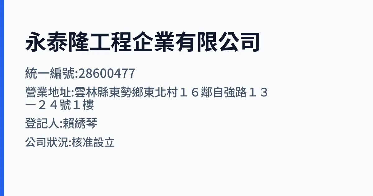永泰隆工程企業有限公司 - 統編 28600477(雲林縣) 公司登記資料與營業項目詳細圖表