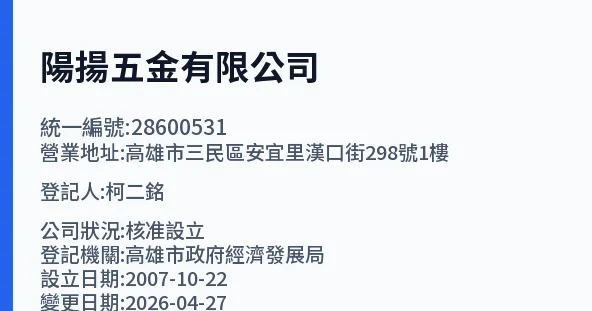 陽揚五金有限公司的照片-統編 28600531(高雄市) 公司登記資料與營業項目詳細圖表