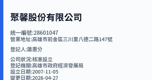 聚馨股份有限公司的照片-統編 28601047(高雄市) 公司登記資料與營業項目詳細圖表