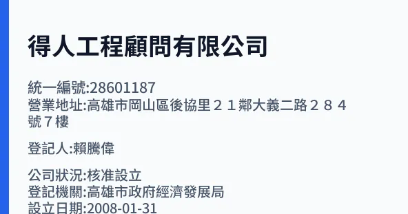 得人工程顧問有限公司的照片-統編 28601187(高雄市) 公司登記資料與營業項目詳細圖表