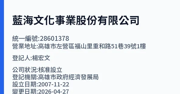 藍海文化事業股份有限公司的照片-統編 28601378(高雄市) 公司登記資料與營業項目詳細圖表