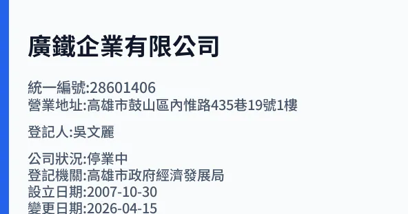 廣鐵企業有限公司的照片-統編 28601406(高雄市) 公司登記資料與營業項目詳細圖表