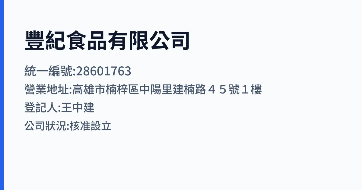 豐紀食品有限公司 - 統編 28601763(高雄市) 公司登記資料與營業項目詳細圖表