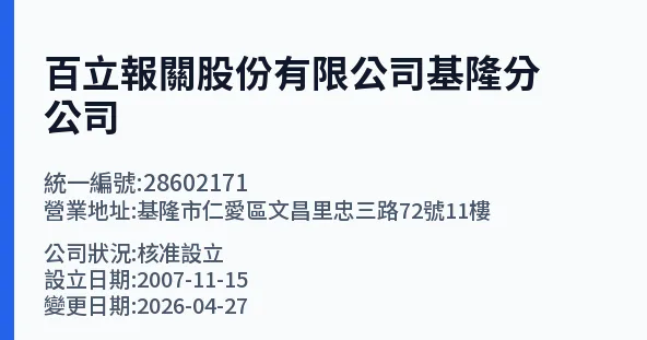 百立報關股份有限公司基隆分公司的照片-統編 28602171(基隆市) 公司登記資料與營業項目詳細圖表