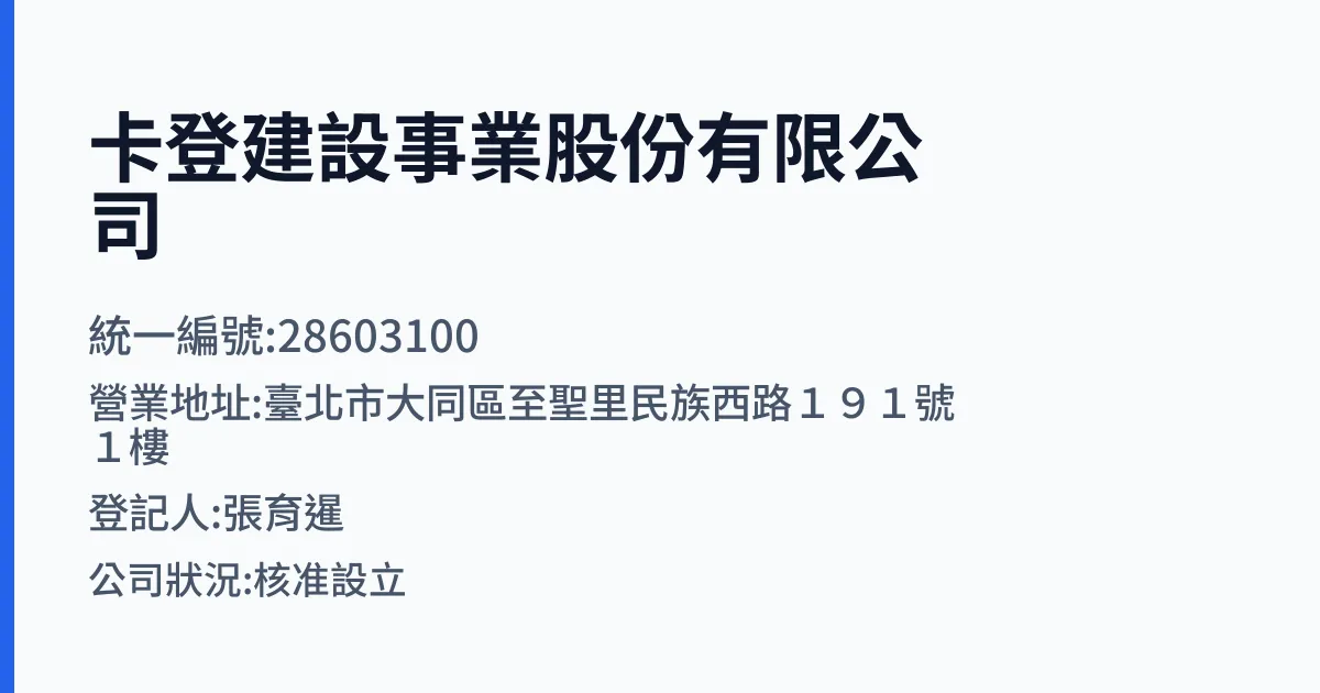 卡登建設事業股份有限公司 - 統編 28603100(臺北市) 公司登記資料與營業項目詳細圖表