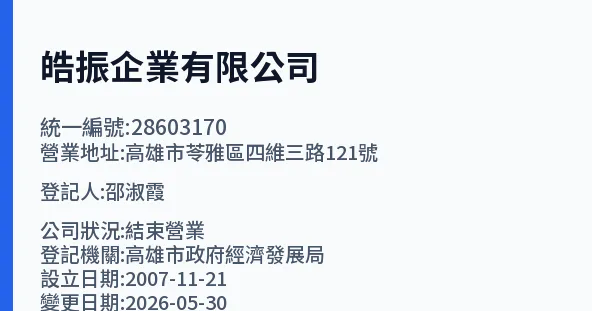 皓振企業有限公司的照片-統編 28603170(高雄市) 公司登記資料與營業項目詳細圖表