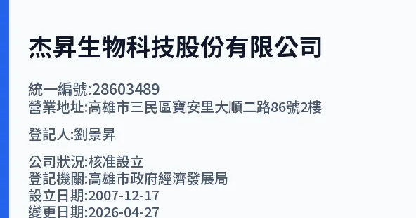 杰昇生物科技股份有限公司的照片-統編 28603489(高雄市) 公司登記資料與營業項目詳細圖表