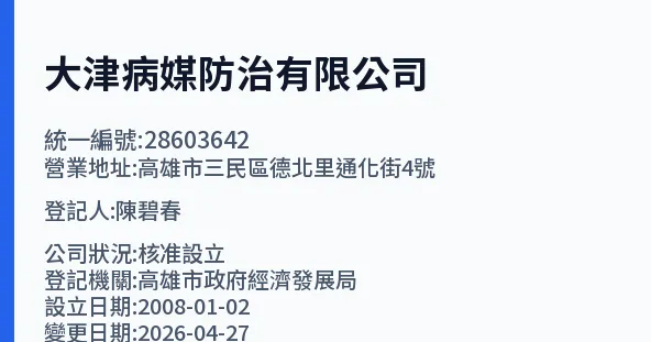 大津病媒防治有限公司的照片-統編 28603642(高雄市) 公司登記資料與營業項目詳細圖表