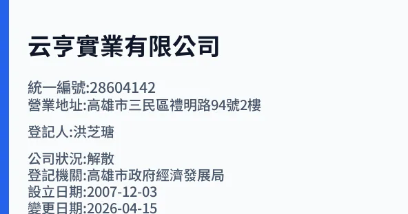 云亨實業有限公司的照片-統編 28604142(高雄市) 公司登記資料與營業項目詳細圖表