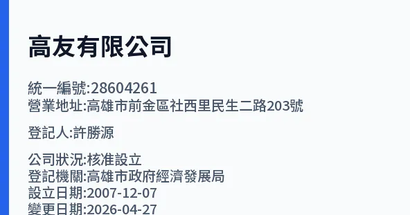 高友有限公司的照片-統編 28604261(高雄市) 公司登記資料與營業項目詳細圖表