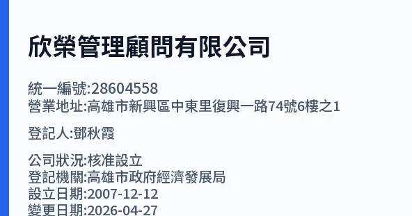 欣榮管理顧問有限公司的照片-統編 28604558(高雄市) 公司登記資料與營業項目詳細圖表