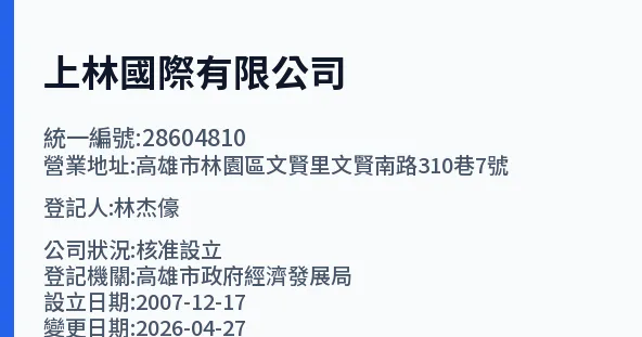 上林國際有限公司的照片-統編 28604810(高雄市) 公司登記資料與營業項目詳細圖表