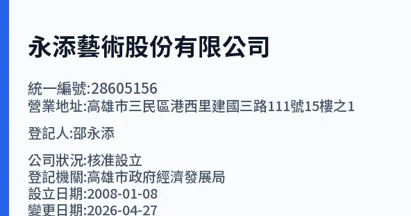永添藝術股份有限公司的照片-統編 28605156(高雄市) 公司登記資料與營業項目詳細圖表