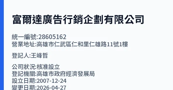 富爾達廣告行銷企劃有限公司的照片-統編 28605162(高雄市) 公司登記資料與營業項目詳細圖表