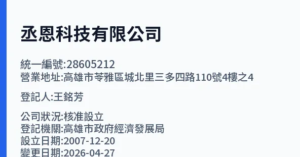 丞恩科技有限公司的照片-統編 28605212(高雄市) 公司登記資料與營業項目詳細圖表