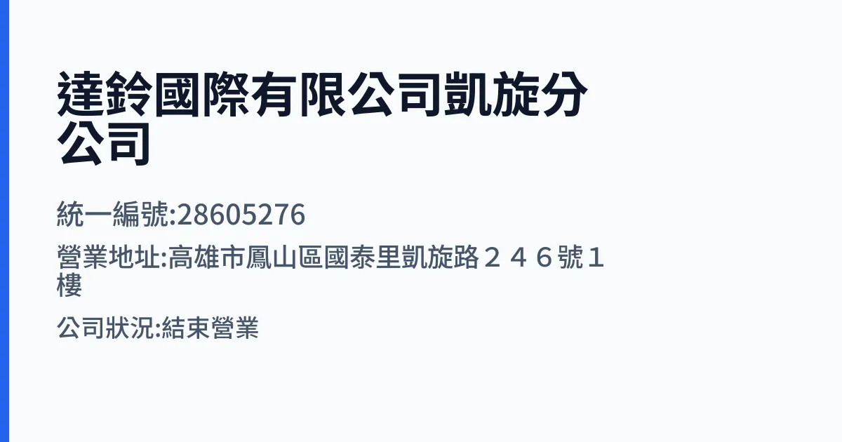 達鈴國際有限公司凱旋分公司 - 統編 28605276(高雄市) 公司登記資料與營業項目詳細圖表