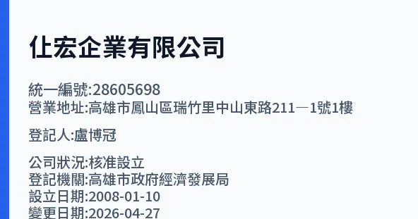 仩宏企業有限公司的照片-統編 28605698(高雄市) 公司登記資料與營業項目詳細圖表