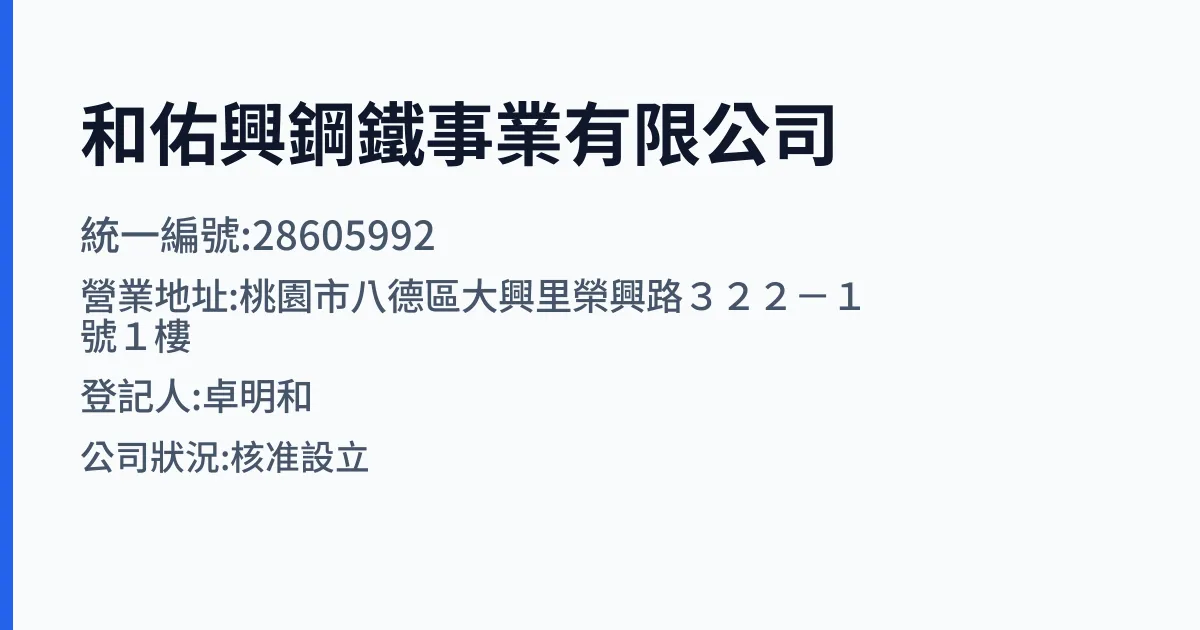 和佑興鋼鐵事業有限公司 - 統編 28605992(桃園市) 公司登記資料與營業項目詳細圖表