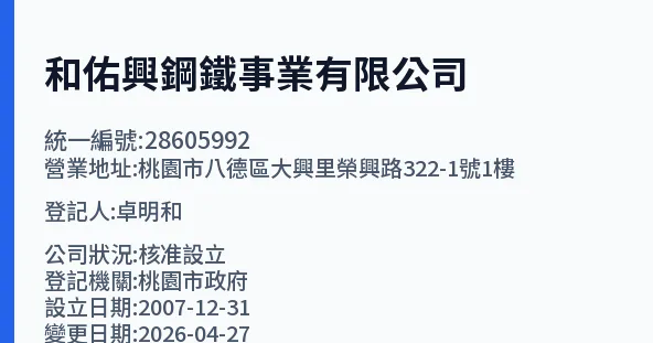 和佑興鋼鐵事業有限公司的照片-統編 28605992(桃園市) 公司登記資料與營業項目詳細圖表