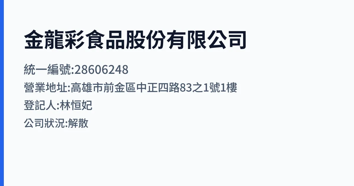 金龍彩食品股份有限公司 - 統編 28606248(高雄市) 公司登記資料與營業項目詳細圖表