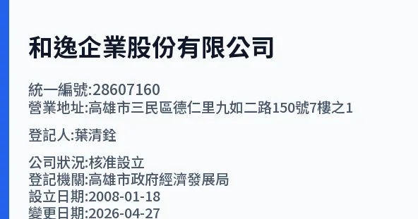 和逸企業股份有限公司的照片-統編 28607160(高雄市) 公司登記資料與營業項目詳細圖表