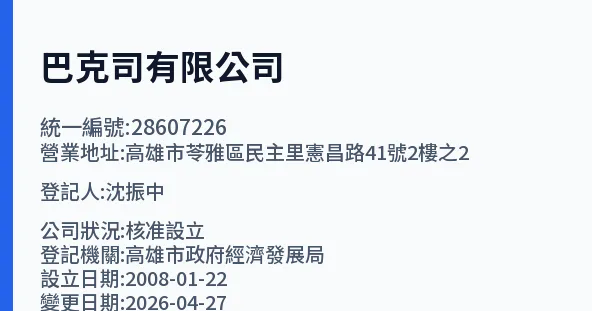 巴克司有限公司的照片-統編 28607226(高雄市) 公司登記資料與營業項目詳細圖表