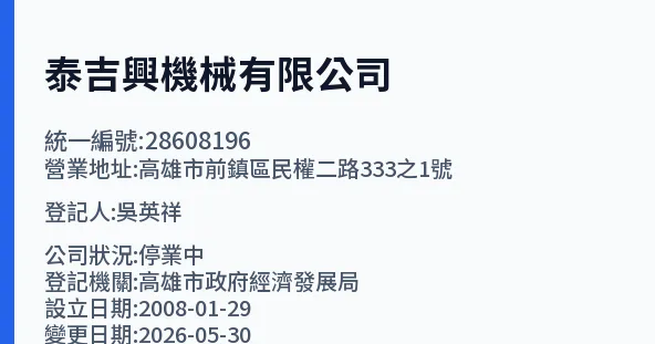 泰吉興機械有限公司的照片-統編 28608196(高雄市) 公司登記資料與營業項目詳細圖表