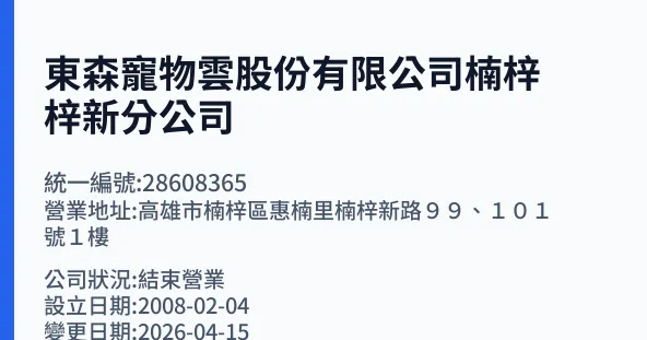 東森寵物雲股份有限公司楠梓梓新分公司的照片-統編 28608365(高雄市) 公司登記資料與營業項目詳細圖表