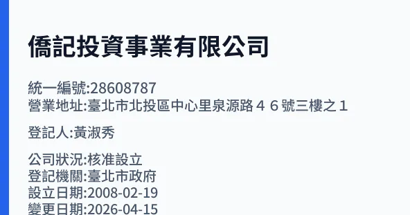 僑記投資事業有限公司的照片-統編 28608787(臺北市) 公司登記資料與營業項目詳細圖表