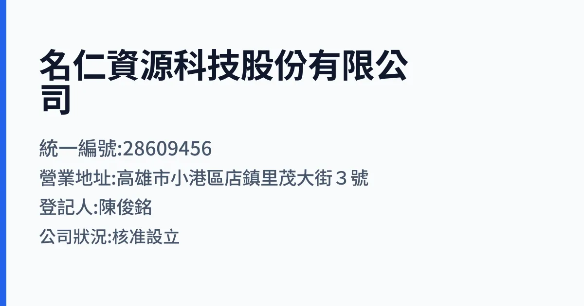 名仁資源科技股份有限公司 - 統編 28609456(高雄市) 公司登記資料與營業項目詳細圖表